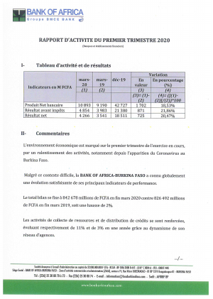 Rapport d'activité du 1er trimestre 2020 - BANK OF AFRICA BF - Abidjan.net Documents