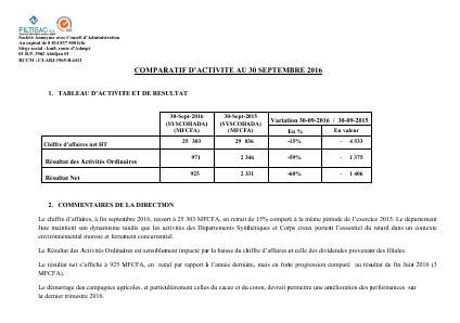 Rapport d’activités au 3ème trimestre 2016 – FILTISAC CI - Abidjan.net Documents