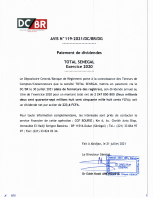 Avis N°119/2021/DCBR/DG - Paiement de dividendes - Exercice 2020 ...