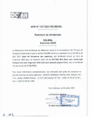 Avis N°127/2021/DCBR/DG - Paiement de dividendes - Exercice 2020 ...