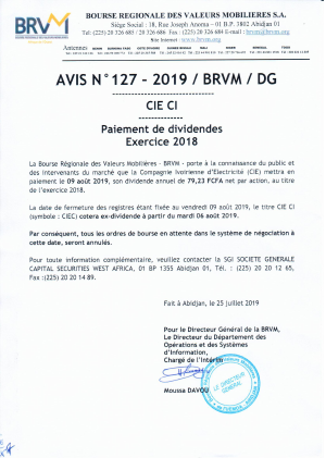 Avis N°127-2019/BRVM/DG – Paiement de dividendes – Exercice 2018 – CIE ...