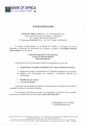 Avis de convocation à l'AGE du 30 juin 2017 - BOA MALI - Abidjan.net Documents