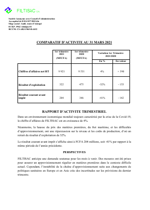 Rapport d`activité au 1er trimestre 2021 - FILTISAC CI - Abidjan.net Documents