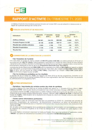 Rapport d`activité du 1er trimestre 2020 – CIE CI - Abidjan.net Documents