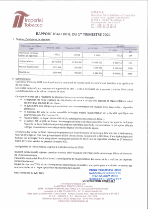 Rapport d'activités au 1er trimestre 2021 - SITAB CI - Abidjan.net Documents