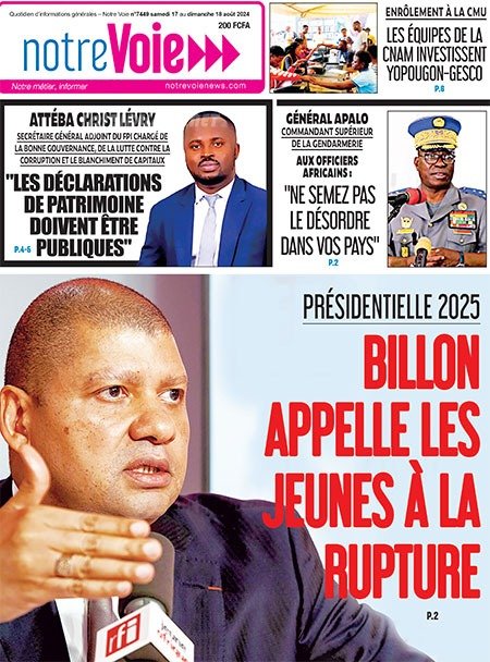 Titrologie de Notre Voie N°7449 du samedi 17 août 2024 - Abidjan.net ...